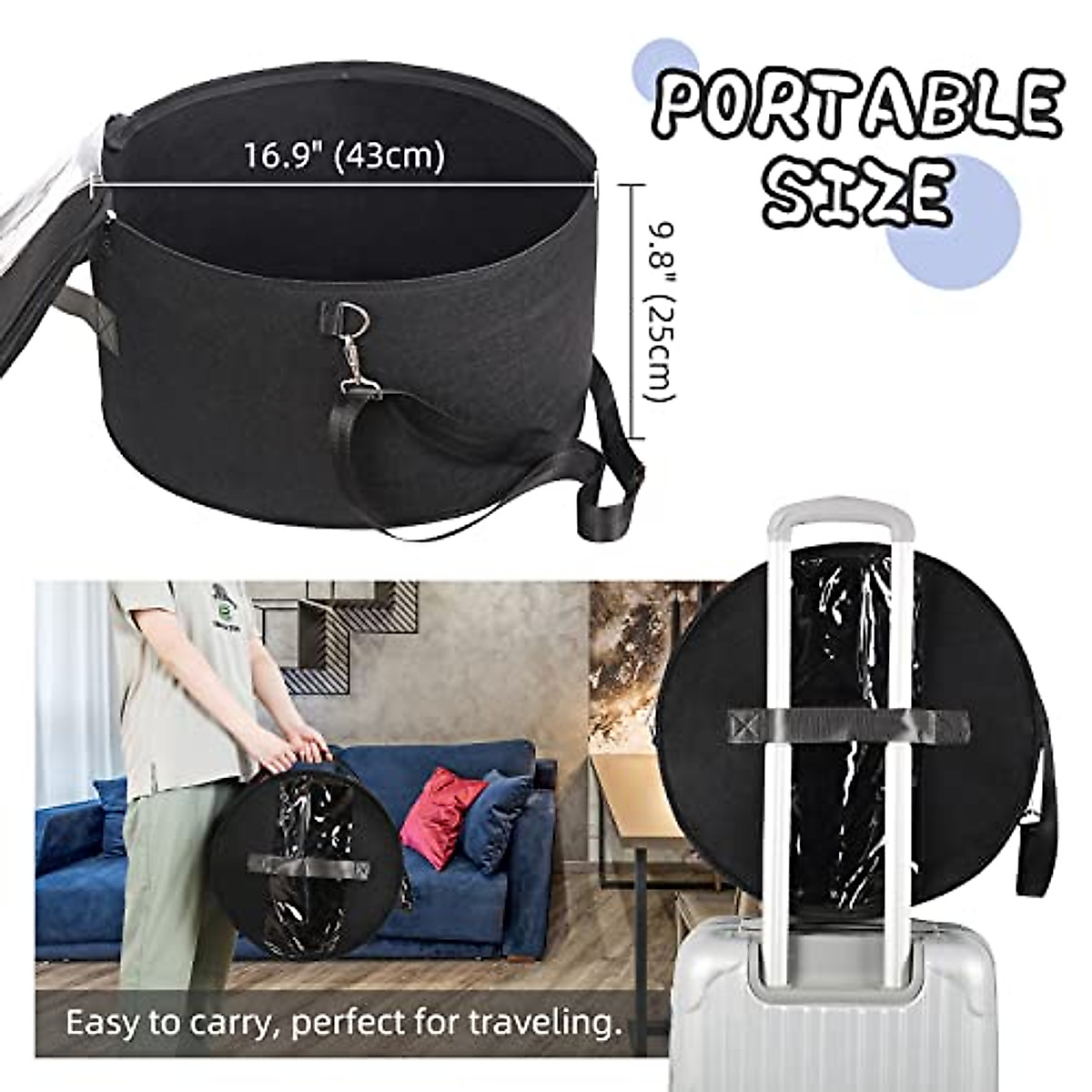 LITLANDSTAR Hat Organizer for Women and Men, Round Hat Storage Box Portable Felt Hat Container Foldable Hat Holder with Dust Proof Lid, Hat Rack for Closet or Travel (17" D x 10" H, Black)