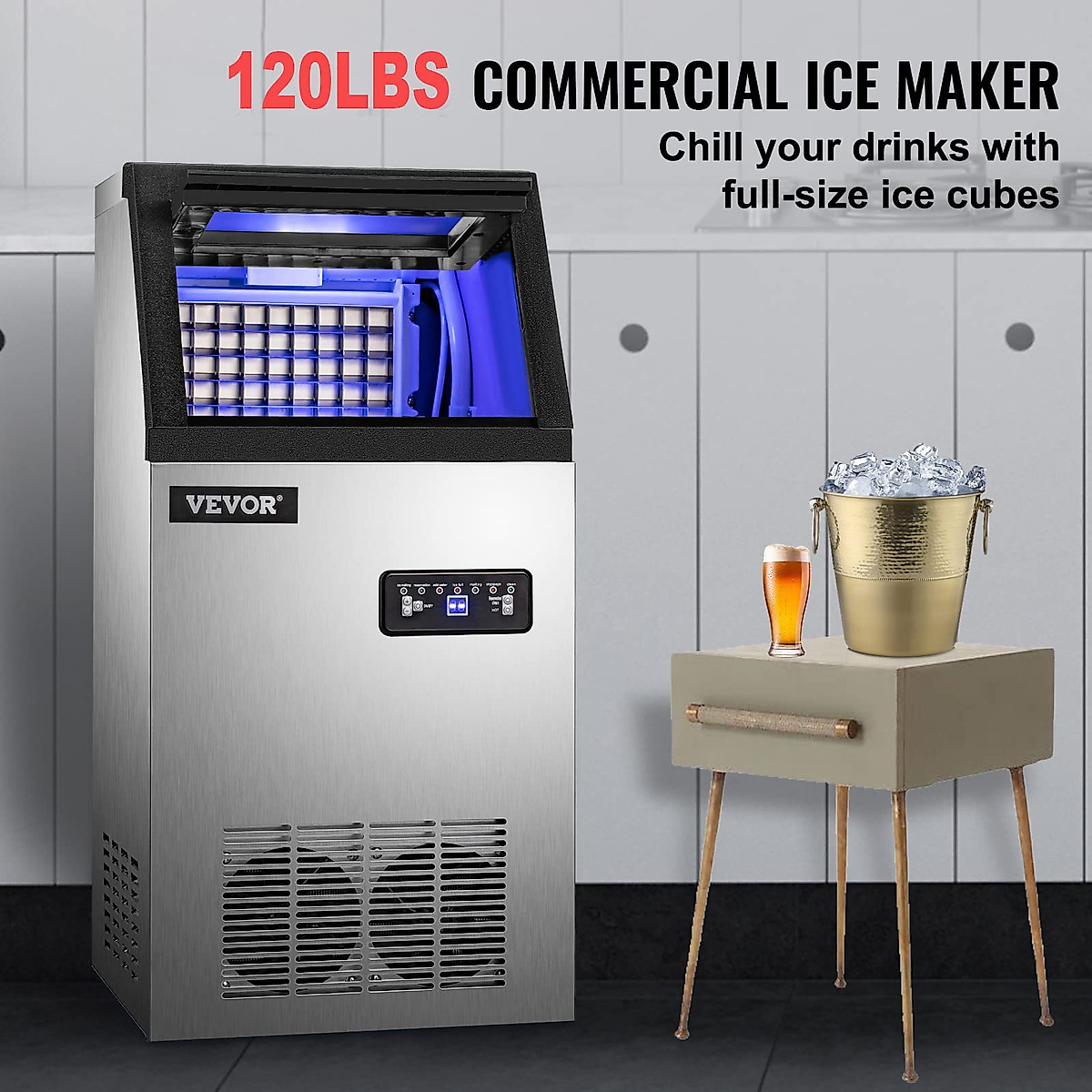 Happybuy 110V Commercial Ice Maker Machine, 120LBS/24H Stainless Steel Ice Maker Machine 22lbs Storage Automatic Ice Machine for Home Restaurant Bar Cafe, Scoop and Connection Hoses Included
