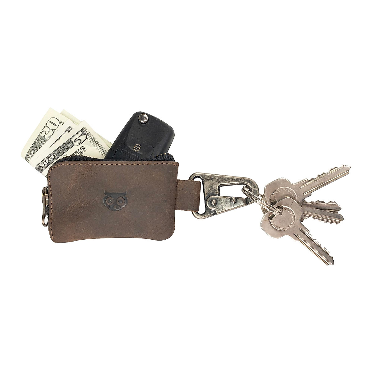 Hide & Drink, Car Key Holder with Keyring, Headphone & Charging Cables, Cash Zipper Case with Clasp, Full Grain Leather, Handmade, Bourbon Brown