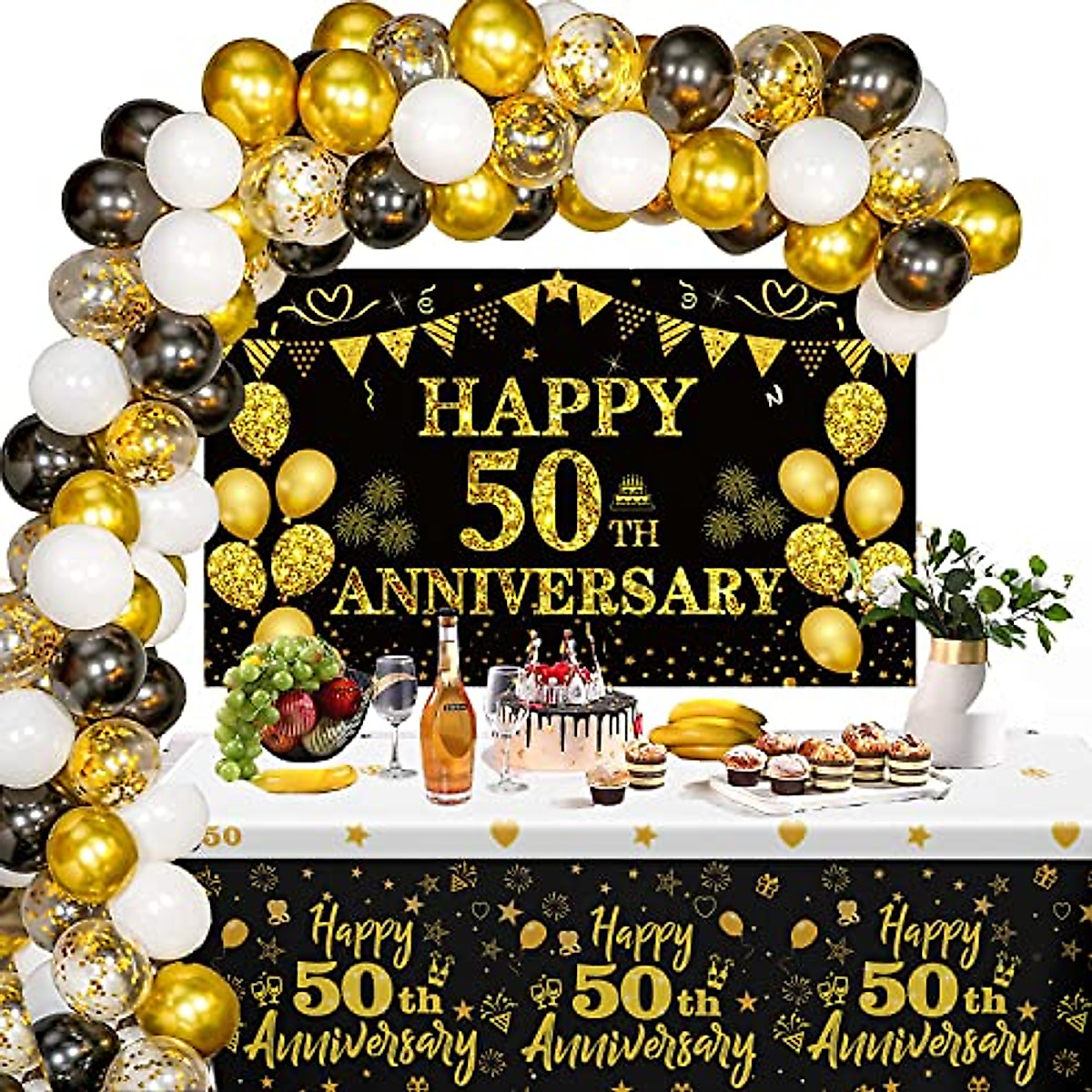 DARUNAXY 50th Wedding Anniversary Decorations, Large Happy 50th Anniversary Banner 70 x 43inch, 50PCS Black Gold Confetti Balloons, 2PCS Tablecloths for Cheer to 50 Year Party Supplies for Men Women