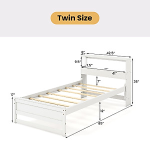 Giantex Twin Bed Frames with Storage Headboard, Wood Platform Bed with Charging Station & LED Light, Single Bed with Slats Support, Under-Bed Space, Twin Bed Frames for Kids Girls Boys (White)
