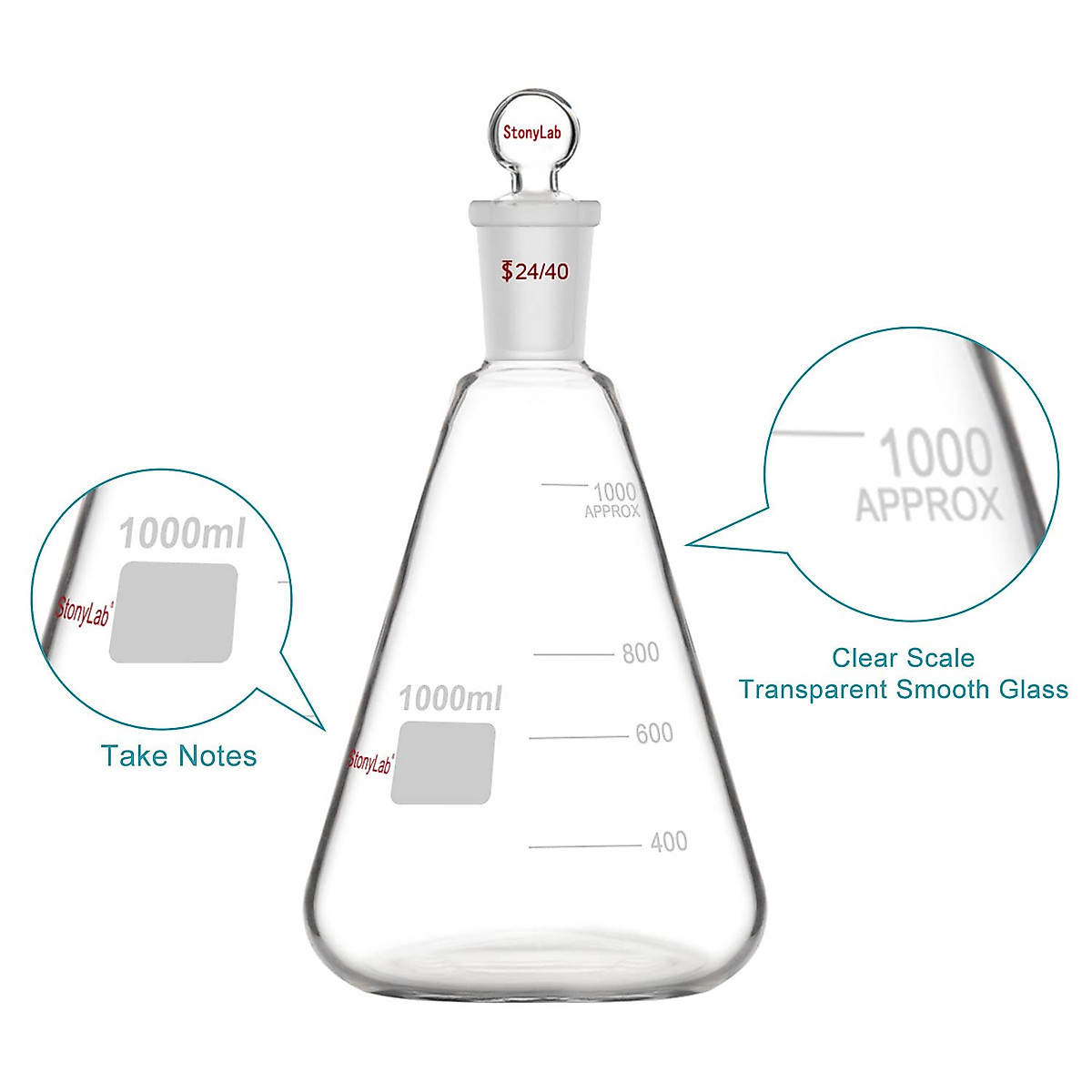 stonylab Glass 24/40 Erlenmeyer Flask with Stopper, 1000 ml Borosilicate Glass Heavy Wall Flask with 24/40 Standard Taper Outer Joint and Glass Stopper