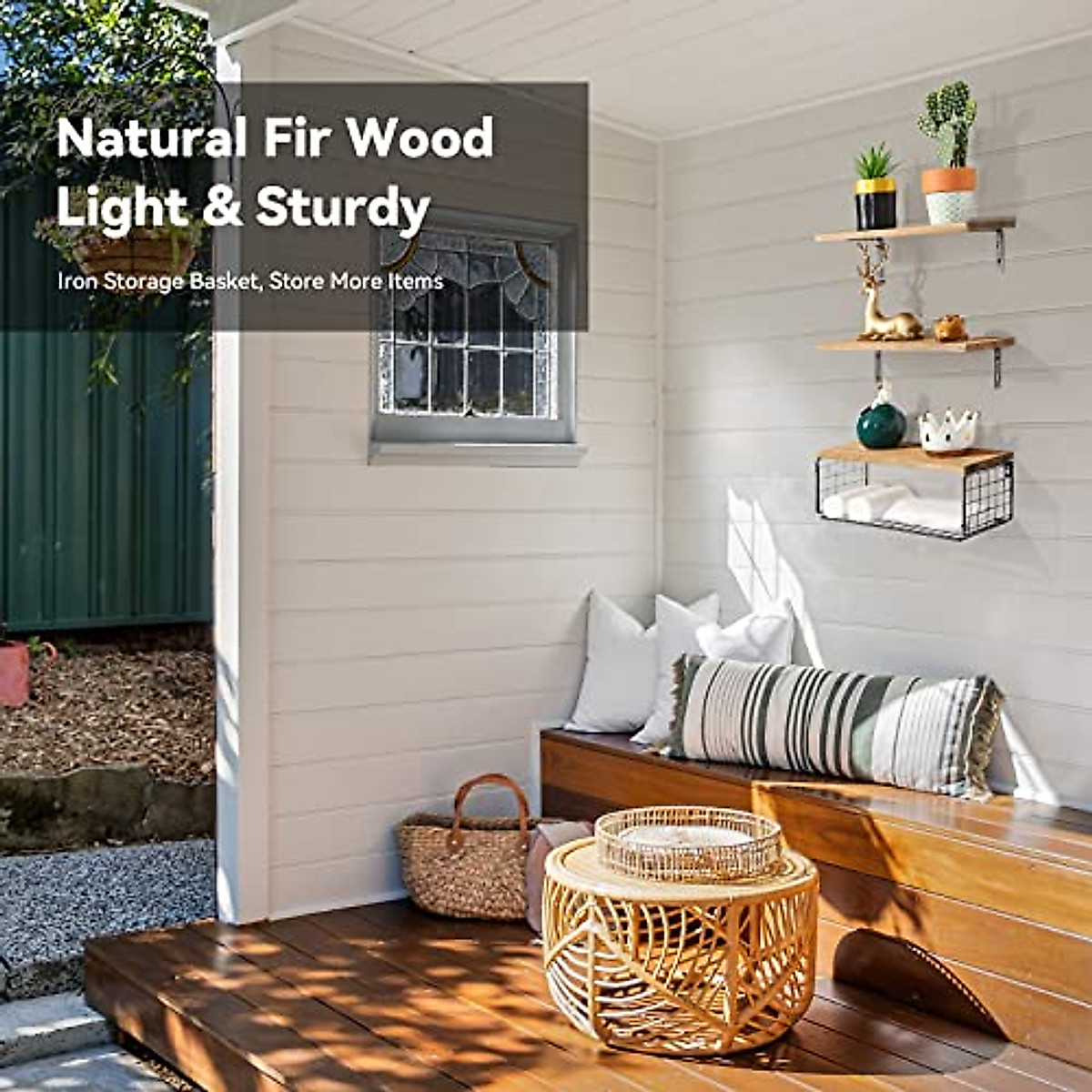 Set of 3 Floating Shelves with Paper Storage Basket Rustic Solid Wood Bathroom Shelves Farmhouse Wall Hanging Shelf Mounted Wall Decor for Living Room Kitchen Pantry Bedroom (Rustic Brown)