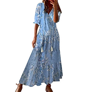 Cnebo Boho Dresses for Women 2023 New Women's Medium and Long Sleeve Dress with Tassels Wide Bohemian Print V Neck Length Blue