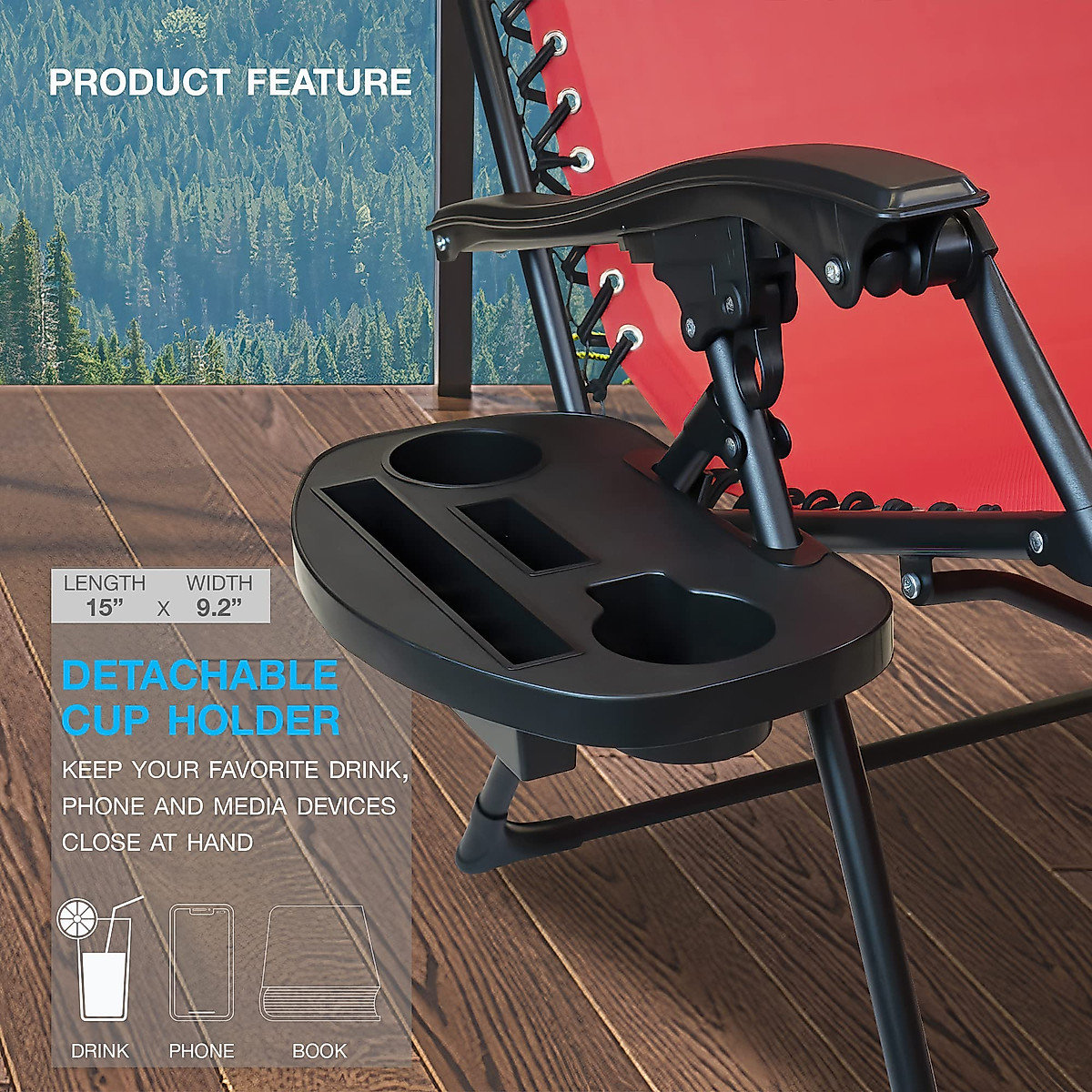 Sun-Ray Oversized Patio Chair with Leg Stabilizers and Big Cupholder, Adjustable Zero Gravity Folding Reclining Outdoor Chair with Pillow, Ruby Red