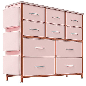10 Drawers Fabric Dresser Storage Drawers, Tall Dresser with Sturdy Frame&Wooden Top, Organizer Unit for Closet, Living Room, Entryway, Hallway, Pink
