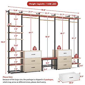 Cyclysio 96'' Heavy Duty Closet System, Large Wooden Garment Rack, Wall Mounted Walk-in Closet, Clothing Rack with Shelves, Closet Organizer System with Stool, 14 Shelves, 6 Drawers, 4 Rods, Black
