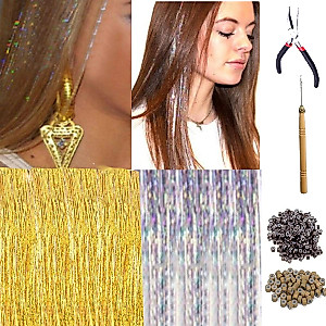 Gold Silver Hair Tinsel Kit, 47 Inches Glitter Heat Resistant Tinsel Hair Extensions Tensile with Hair Beads Wigs Tools & Accessories Tools Gift Set for Halloween Christmas Decoration Women Girls (GOLD AND SILVER)