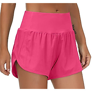 THE GYM PEOPLE Womens High Waisted Running Shorts Quick Dry Athletic Workout Shorts with Mesh Liner Zipper Pockets (Bright Pink, Small)