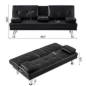 AWQM Faux Leather Futon Sofa Bed Upholstered Modern Convertible Sofa Bed Small Couch Bed Adjustable Couch Sleeper for Compact Living Space, Removable Armrests, Metal Legs, 2 Cupholders, Black