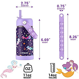 Erimaki 14 Oz Kids Mermaid Purple Water Bottle With Straw Lid And Fidget Handle, Double Walled Vacuum Insulated Tumbler, Cute Stainless Steel Metal Bottles Gift For Girl Child Sport School Travel Bulk