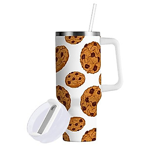 ARGTILDN 40 oz Tumbler Chocolate Chip Cookies Insulated Travel Mug with Handle and Straw Lid Stainless Steel Vacuum Coffee Cup Tea Beverage Container Water Bottles for Car Sports office
