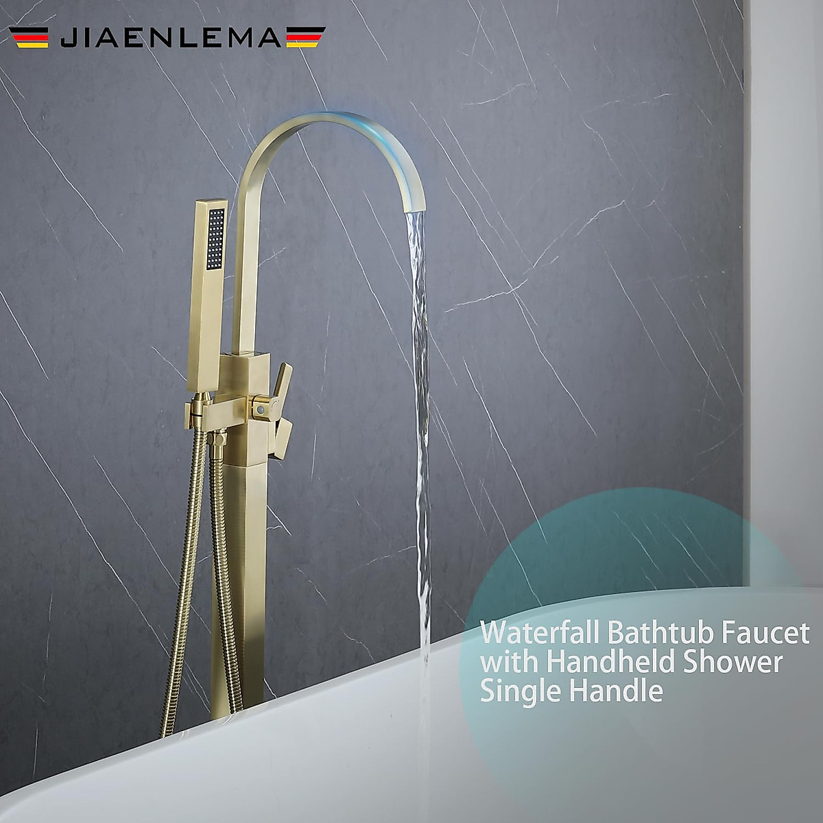 Waterfall Floor Mount Freestanding Bathtub Faucet Brushed Gold Single Handle Freestanding Tub Faucet Brass Tub Filler Tub Shower Faucet with Hand Shower 59in Hose Bathtub & Shower Systems JIAENLEMA