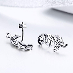 Antique Flower Stud Earrings Sterling Silver 925 Elegant Vintage Leaf Climber Crawler Earring Ear Piercing Thanksgiving Christmas Day Gifts for Women