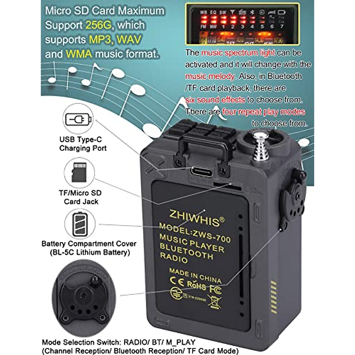 ZHIWHIS Bluetooth Speakers, Portable Radio with Sleep Timer, Weather AM FM Shortwave Radios with Best Sound, Retro Analog Tuner with Preset, Rechargeable MP3 Player Support MicroSD Card
