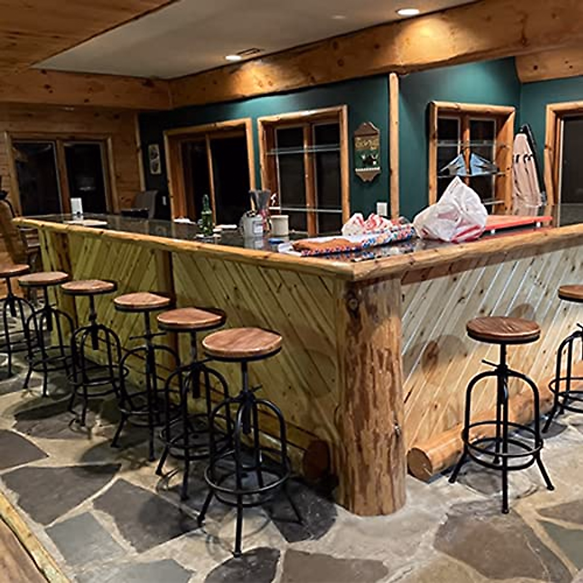 Vintage Bar Set includes Farmhouse Fire Hydrant Design Bistro Bar Table(38.6-44.4inch) and Set of 2 Industrial Bar Stools (26-32inch) Height Adjustable Swivel Wooden Top for Kitchen Dining Room Office