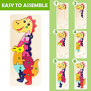 Wooden Jigsaw Puzzle Toy for Toddlers 1-3 Years Old- 3 Sets of Animals Dinosaur Crocodile Monkey,Colorful Wood Numbered Puzzles Baby Infant Kid Preschool Learning Educational Toys.