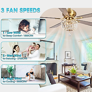 Gold Ceiling Fans with Lights and Remote, 52 Inch Ceiling Fan for Bedroom Living Room, Crystal Chandelier Outdoor Ceiling Fans with LED Light, Reversible 5 Blades, Ventilador de Techo con Luz