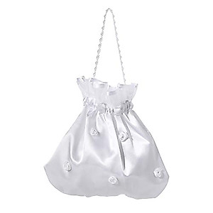 LUOEM Satin Bridal Wedding Money Bag White Bridal Bridesmaid Satin Flower Decorated Bag Handbag with Pearl for Dollar Dance Bridal Purse Wedding Favor