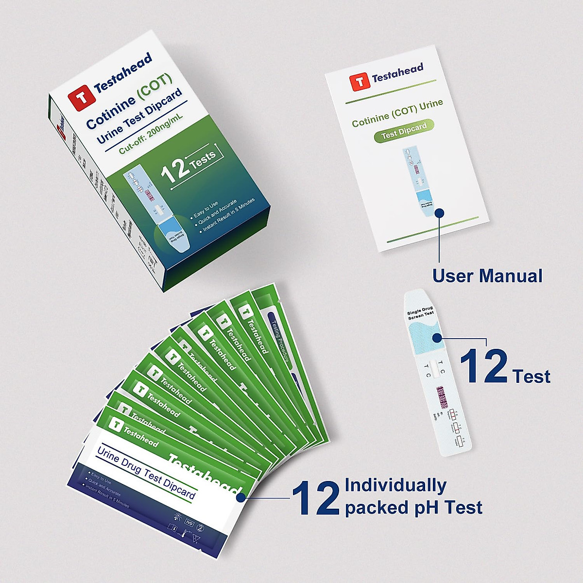 T TESTAHEAD Nicotine Test Kit at Home, Nicotine Test Strips to Detect Cotinine in Urine, Home Use Nicotine Drug Test Cotinine Urine Test, Accurate Results in 5 Minutes, 12 Individually Wrapped Pouches