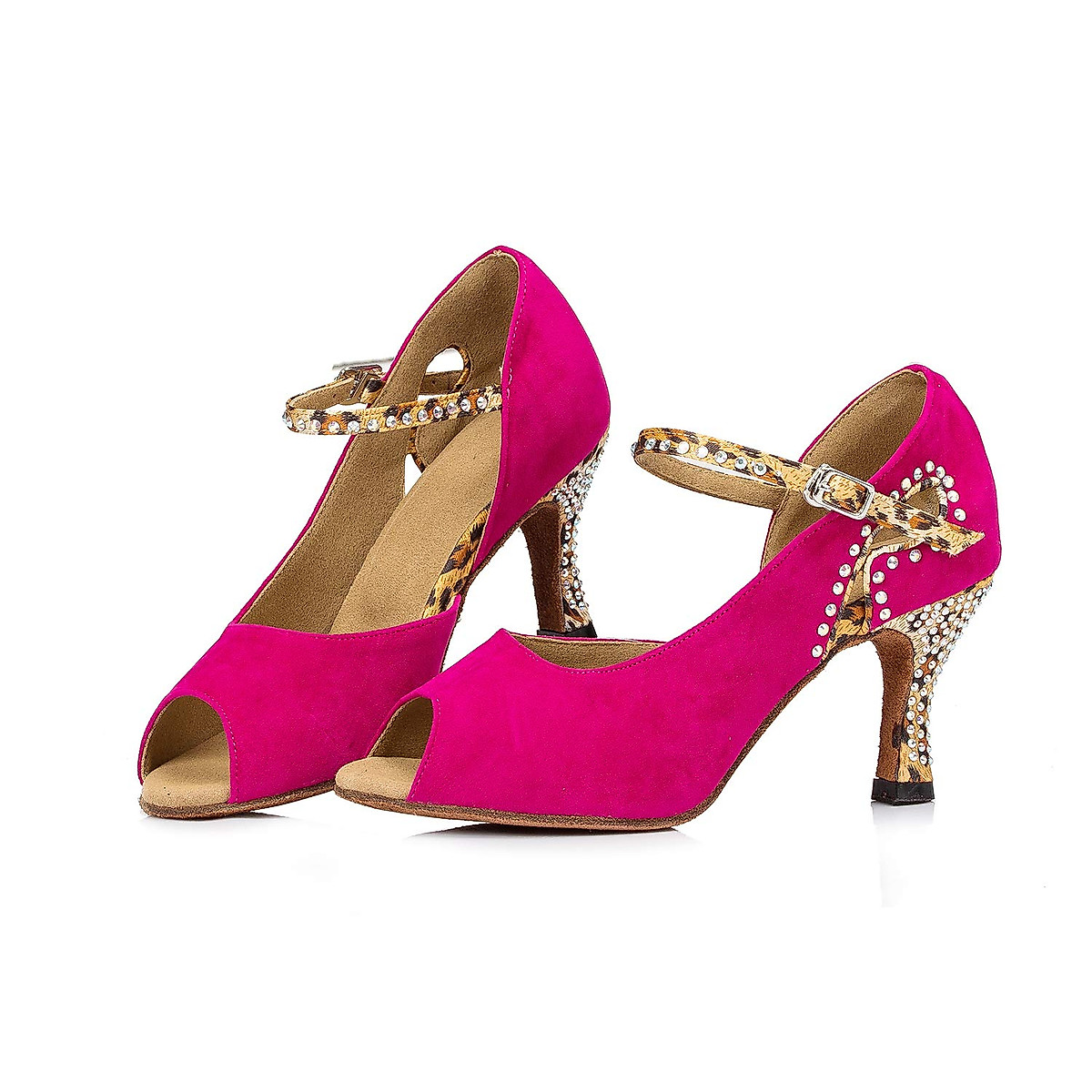 URVIP 2021 Women's Suede Leather High-Heel Ballroom Pumps Modern Latin Tango Shoes Ankle Strap Dance Shoes LD001 Fuchsia 5.5 B(M) US