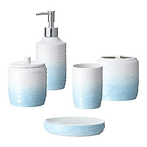 Motifeur Bathroom Accessories Set, 5-Piece Ceramic Bath Accessory Complete Set with Lotion Dispenser/Soap Pump, Cotton Jar, Soap Dish, Tumbler and Toothbrush Holder (Blue and White Gradient)