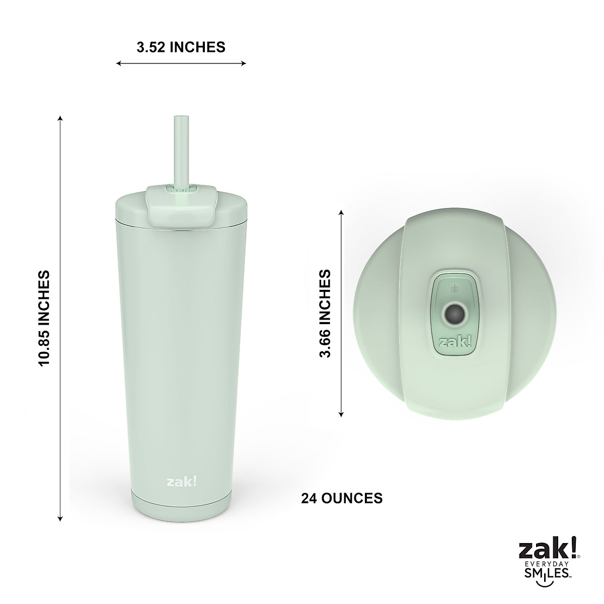 Zak Designs Beacon Straw Tumbler for Travel or At Home, 24oz Stainless Steel with Vacuum Insulated and Non-Skid Base (Icicle Mint Green)