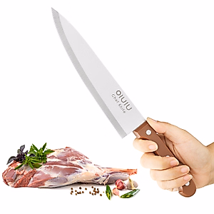 OLULU 8 inch Chef Knife, Razor Sharp Kitchen Knife with Protective Knife Sheath, Razor Sharp Slicing Knife with Ergonomic Handle, German Stainless Steel, Dishwasher Safe (Brown Color)