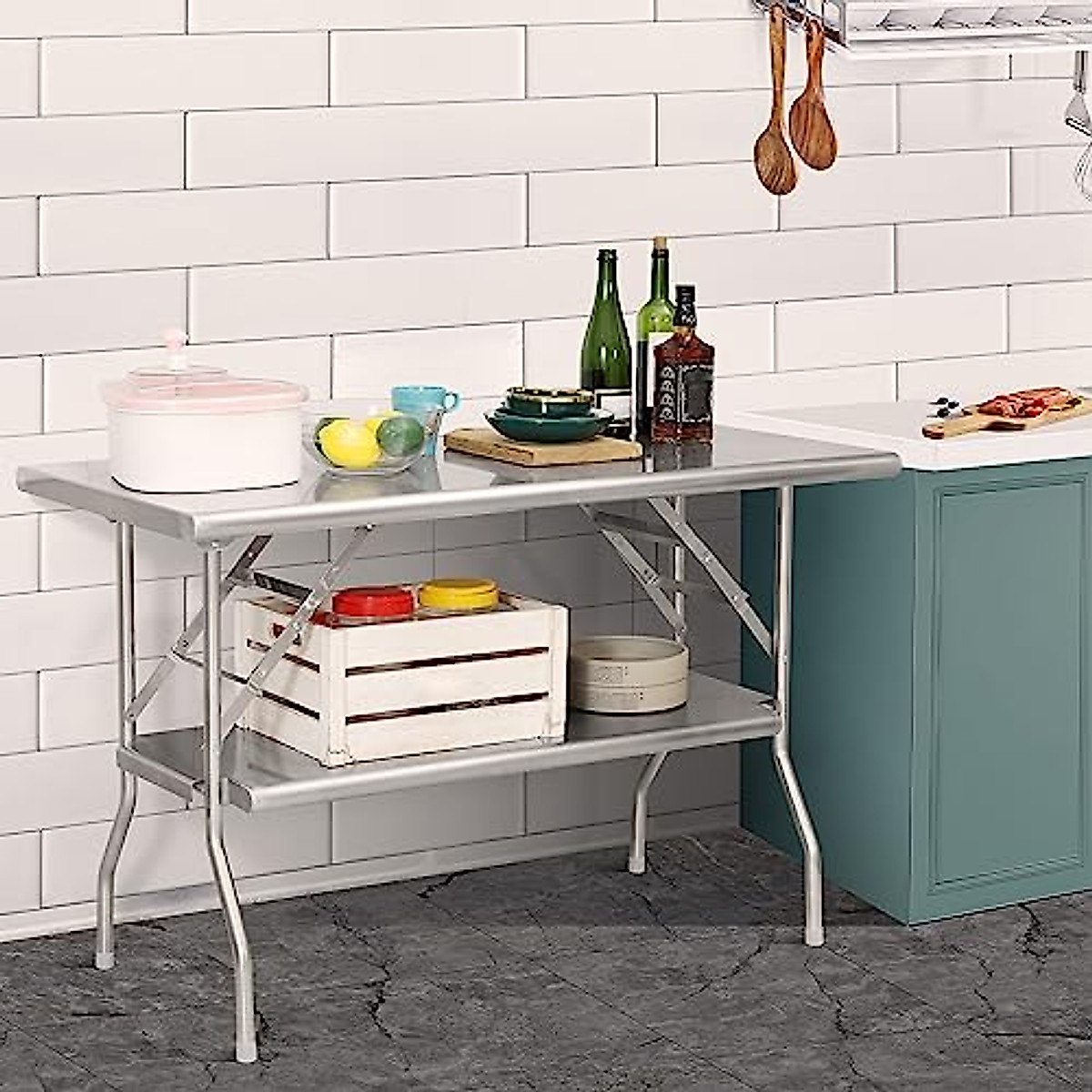 Hally Stainless Steel Folding Table 24 x 48 Inches, NSF Commercial Portable Prep & Work Table, Heavy Duty Table with Undershelf for Outdoor Camp Picnic Party Restaurant, Home and Hotel