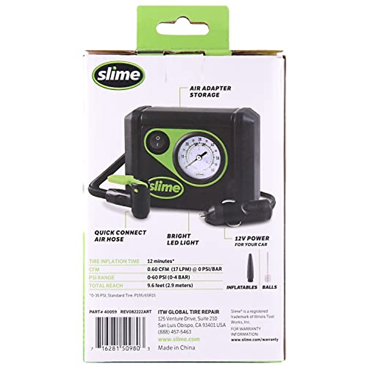 Slime 40059 Tire Inflator, Junior, Compact, Powerful, Portable Car Air Compressor, Lightweight, Analog, Flat Tire Repair, 12V, 12 min Inflation