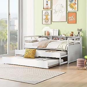 Harper & Bright Designs Twin XL Daybed with 3 Storage Cubbies and USB Charging, Wood Daybed Frame with Double Trundles, Daybed with Trundle for Kids Girls Boys, No Box Spring Needed (White)