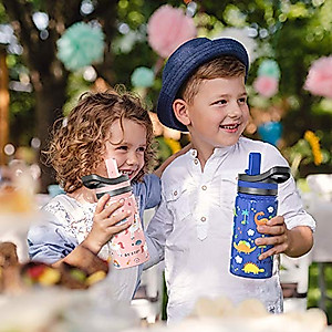 BUZIO Insulated Water Bottle for Kids, Modern Vacuum Insulated Hydro Bottle with 2 Straw Lids, 14oz Double Walled Wide Mouth Sports Drink Flask with Blue Dinosaur Park, Simple Thermo Canteen Mug Cup