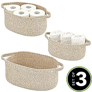 mDesign Rustic Casual Woven Cotton Rope Bathroom Basket with Handles - Storage Organizer Set for Countertop, Floor, Closet or Vanity - Holds Toilet Paper, Towels, or Magazines - Set of 3, Brown