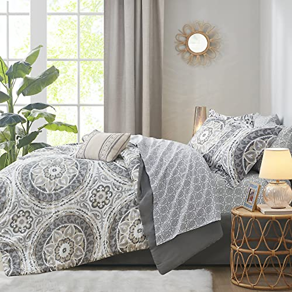 Madison Park Essentials Serenity Bed in a Bag Comforter Set, Medallion Damask Design, All Season Bedding with Cotton Sheet Set, Bedskirt, Queen(90"x90"), Taupe 9 Piece