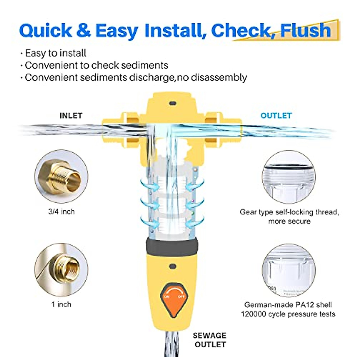 GOLDEN ICEPURE Backwash Spin Down Sediment Water Filter, 40 Micron Reusable Flushable Pre-Filtration System, 1" MNPT + 3/4" FNPT + 3/4"MNPT, BPA Free