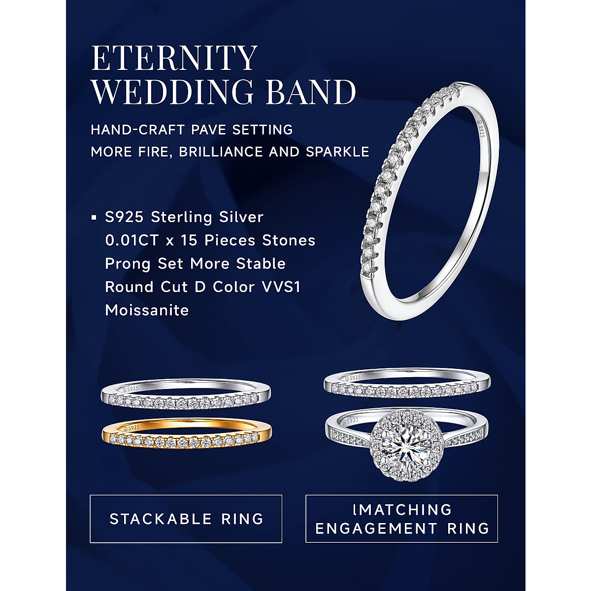 MomentWish Wedding Bands for Women, Moissanite Engagement Ring, Simulated Diamond Wedding Ring S925 Sterling Silver Eternity Rings-Size7