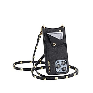 Bandolier Sarah Crossbody Phone Case and Wallet - Black Leather with Gold Detail - Compatible with iPhone 14 Pro Max