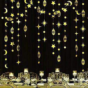 Gold Eid Mubarak Ramadan Decorations Hanging Star Moon Circle Dot Crescent Lamp Garland Streamer Backdrop Banner Decorations for Home Happy Ramadan Lesser Bairam Islam Muslim Wedding Birthday Party