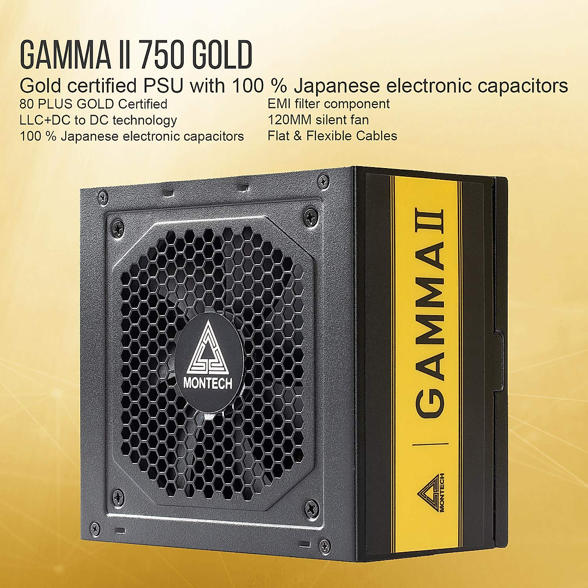 Montech Gamma II Series 750 Watt 80+ Gold Certified Power Supply, LLC+DC to DC Technology, Full Japanese Capacitors, 120mm Silent Fan, Flat Cables