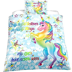 Suncloris,Rainbow Unicorn Fairytale with Sparkling Stars,Bedding Sheet Set .Included:Duvet Cover,Pillowcase(no Comforter Inside) (01, (Full))
