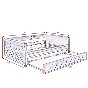 ATY Full Size Daybed with Twin Trundle, Upholstered Sofa Bed Design w/Button Tufted & Copper Nail, Perfect for Bedroom, Guestroom, Living Room, No Spring Box Needed, Black