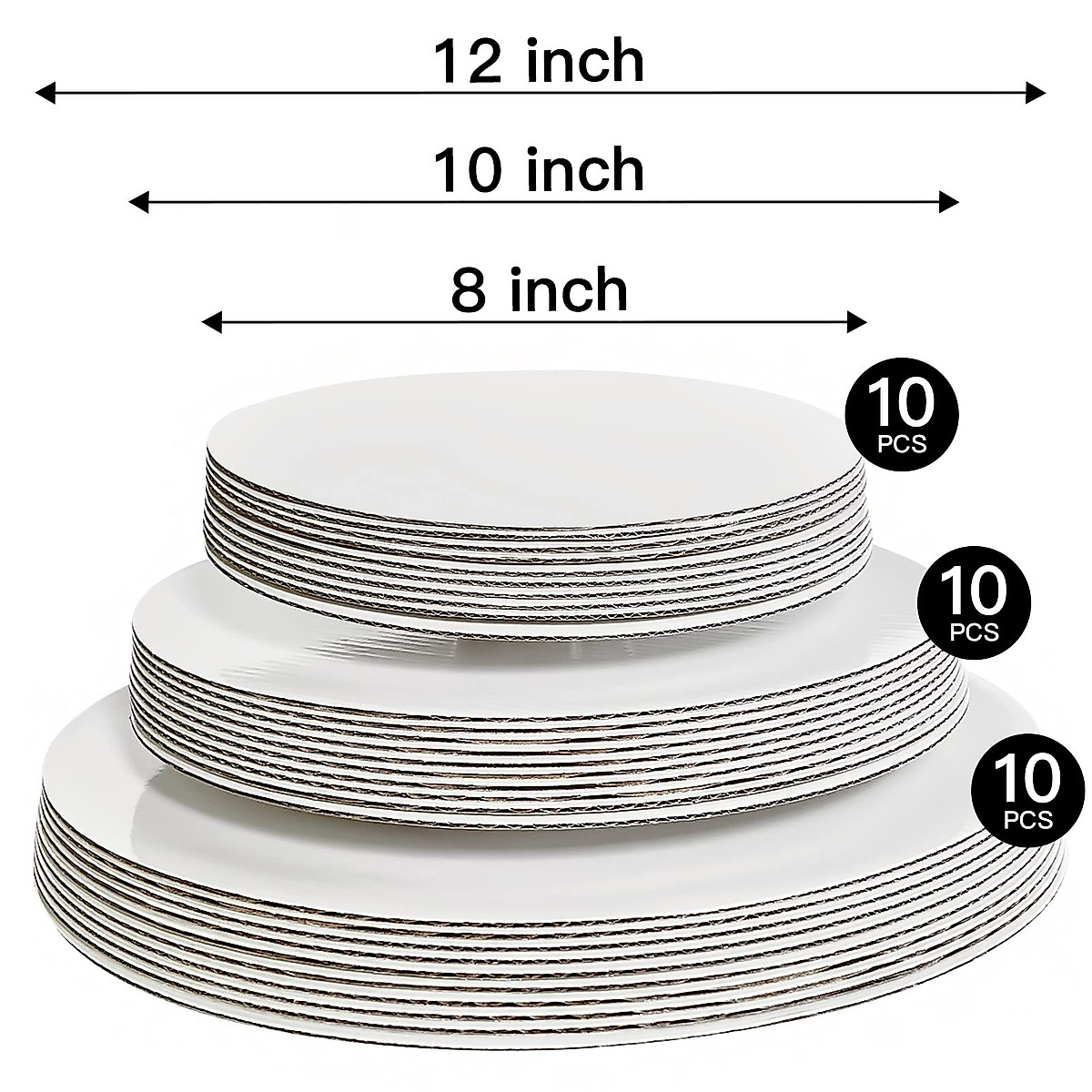 ONEMORE 30-Pack White Cake Board Rounds,Circle Cardboard Base Boards, 8, 10 and 12-Inch. Perfect for Cake Decorating, 10 of Each Size (White,30)
