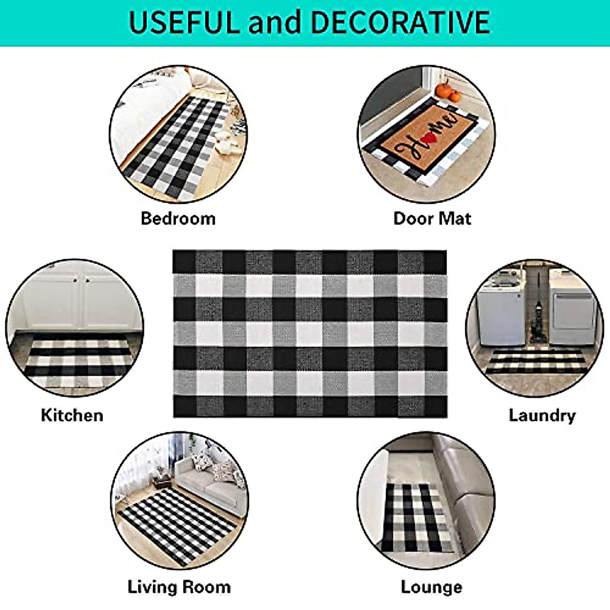 MUBIN Cotton Buffalo Plaid Rug 27.5 x 43 Inches Black and White Check Rugs Hand-Woven Indoor or Outdoor Rugs for Layered Door Mats Washable Carpet for Front Porch, Kitchen, Farmhouse, Entryway