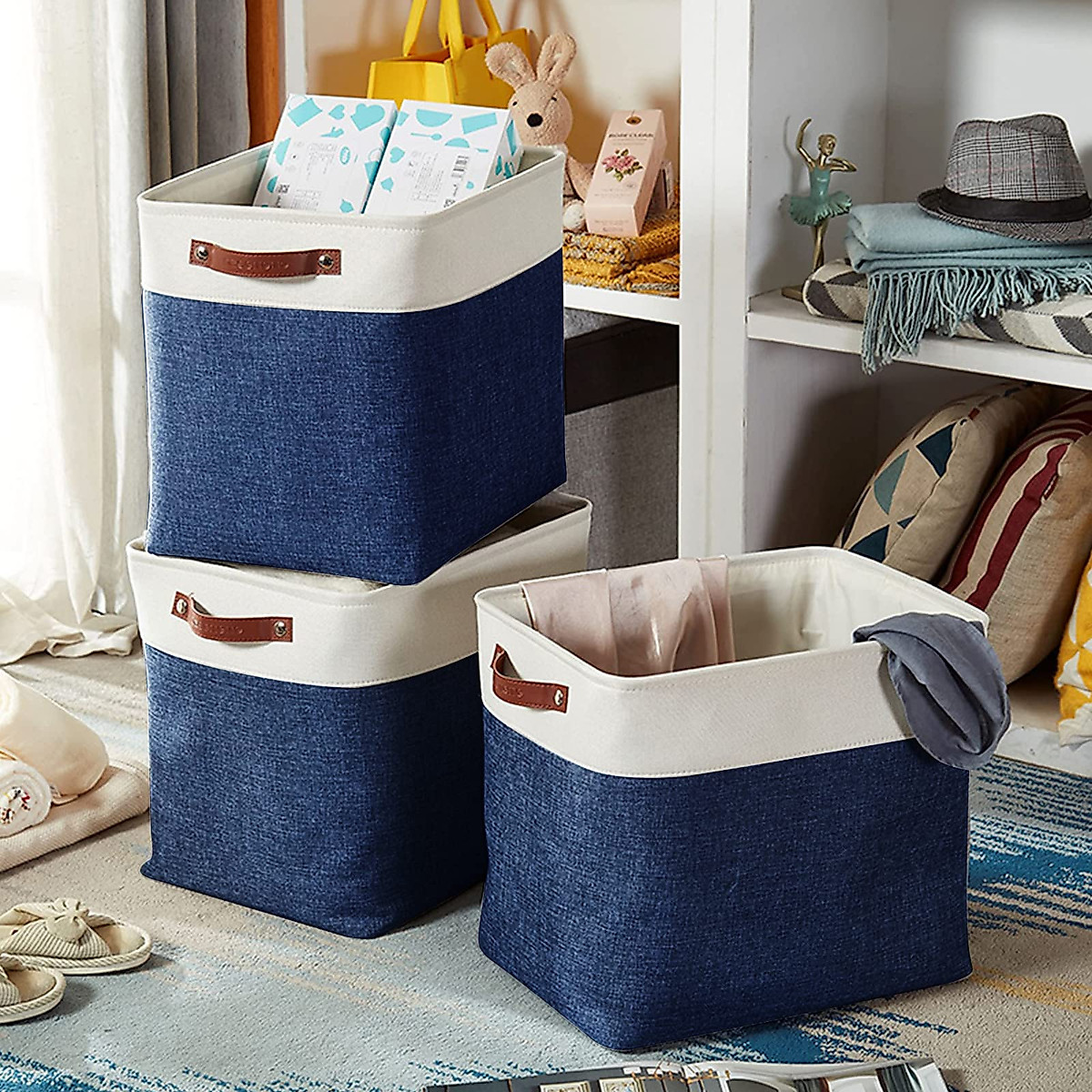 Jossens 11 Inch Fabric Baskets with Leather Handles,Foldable Cubes Storage Bins Set of 4 for Cube Organizer Home Toy Nursery Closet Bedroom (blue)