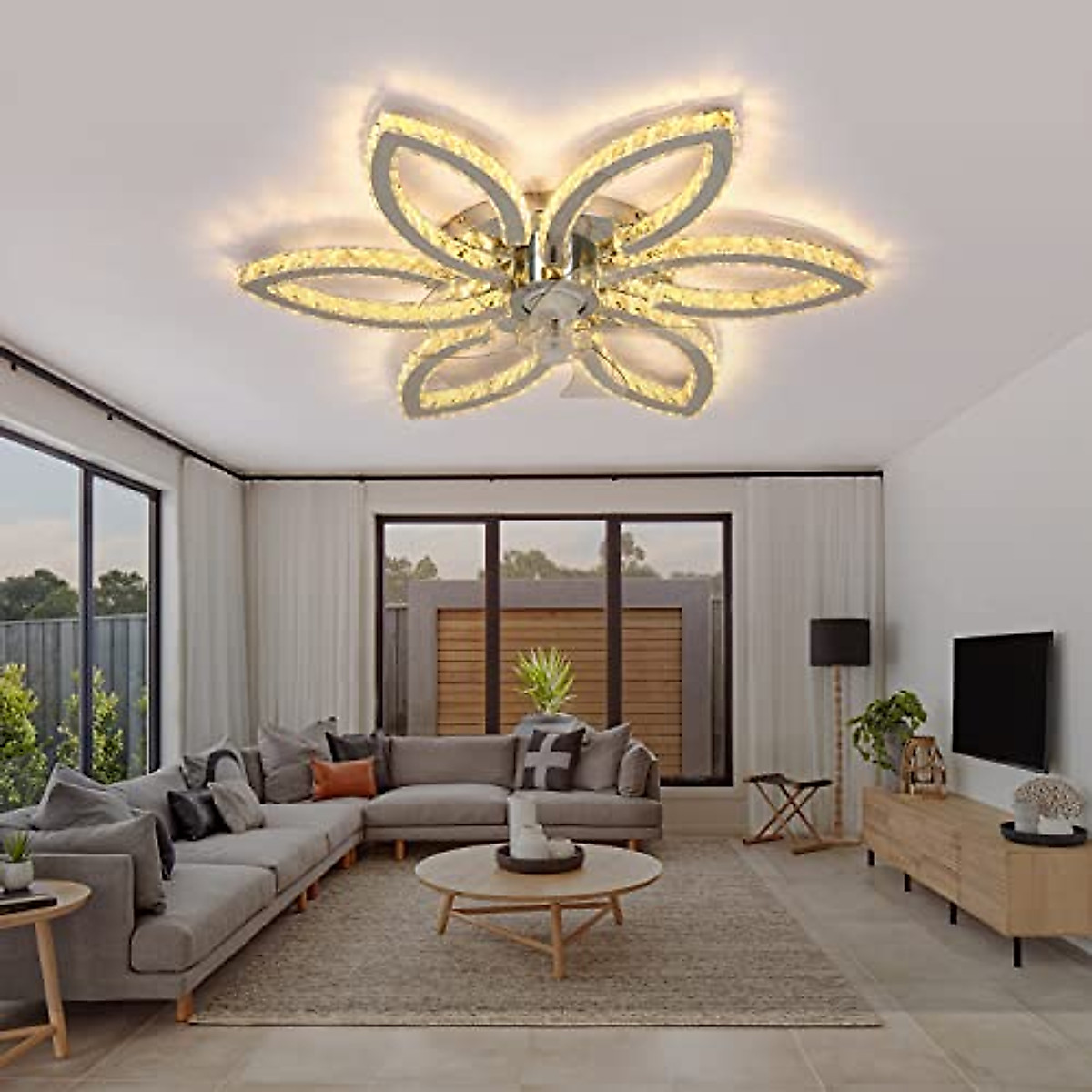 BOMIFANL Crystal Ceiling Fans with Lights,34" bladeless Ceiling Fan with Light,6-Speed Low Profile Ceiling Fan, Dimmable LED Fan Chandelier for Living Room Bedroom