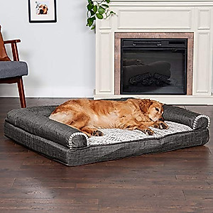 Furhaven XL Orthopedic Dog Bed Luxe Faux Fur & Performance Linen Sofa-Style w/ Removable Washable Cover - Charcoal, Jumbo (X-Large)