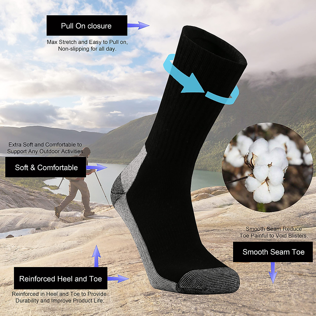 Ortis Men's Cotton Cushion Crew Socks Moisture Wicking Breathable Thick Warm Thermal for Athletic Heavy Duty Work Boot(Black Grey L)