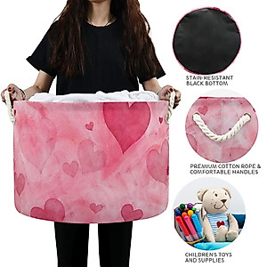 ALAZA Large Storage Basket for Toys Valentine's Day Red Heart Round Blanket Basket Laundry Hamper Canvas Organizer Bin Box Cotton Rope Collapsible Bucket Pillow Home Decor