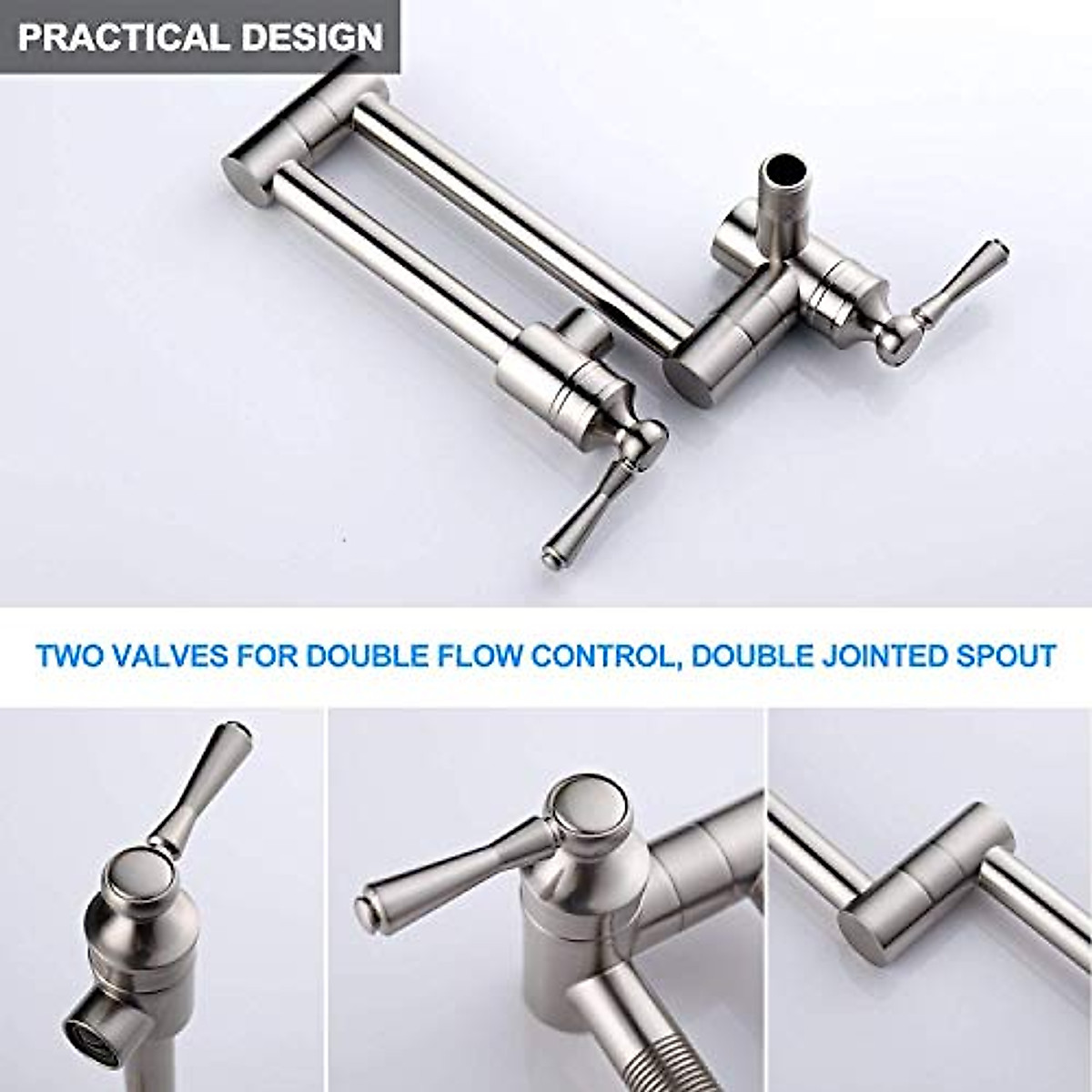 BULUXE Pot Filler Faucet Wall Mount,Brushed Nickel Finish and Single Hole 2 Handles with Dual Swing Joints Design