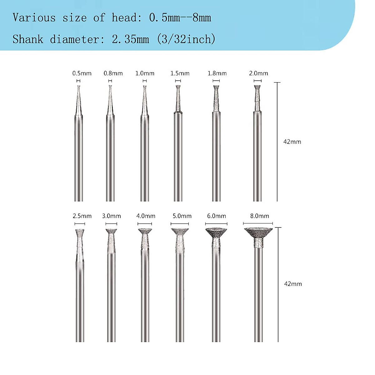 𝐋𝐮𝐨 𝐤𝐞 Bowl Shape Diamond Burr - 3/32'' Shank Diamond Mounted Wire Rounder Bits fits for Rotary Tool Includes Dremel (Pack of 13)